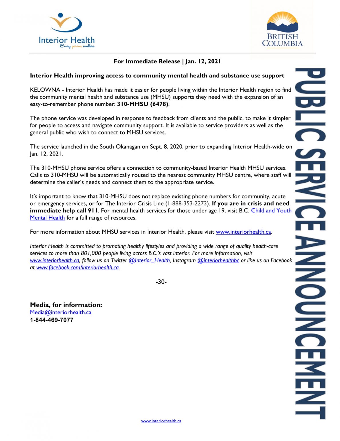 Interior Health - Public Service Announcement - The Village of Midway