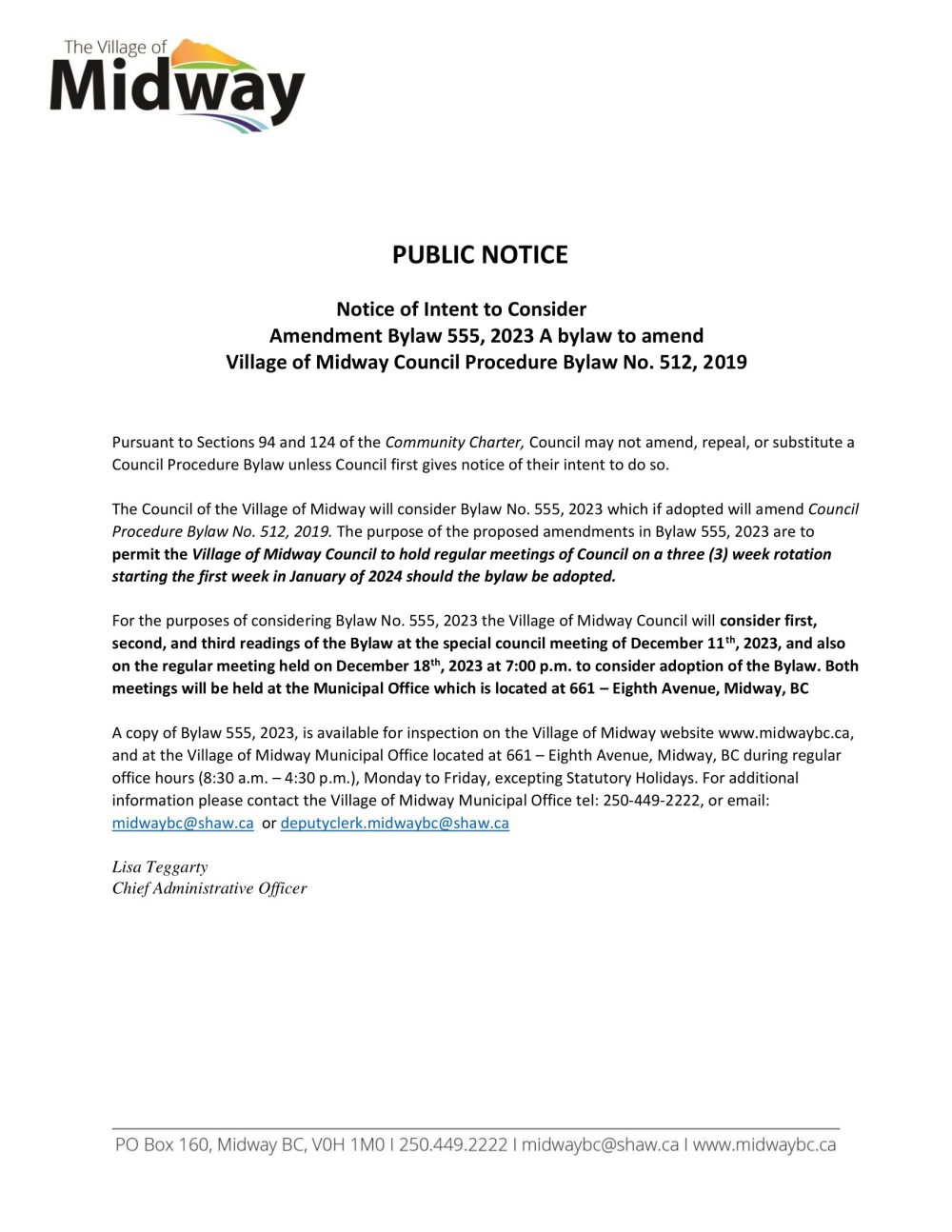 Public Notice - Notice of Intent to Consider Amendment Bylaw 555, 2023 ...