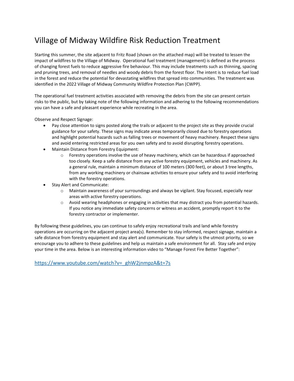 Village of Midway Wildfire Risk Reduction Treatment - The Village of Midway
