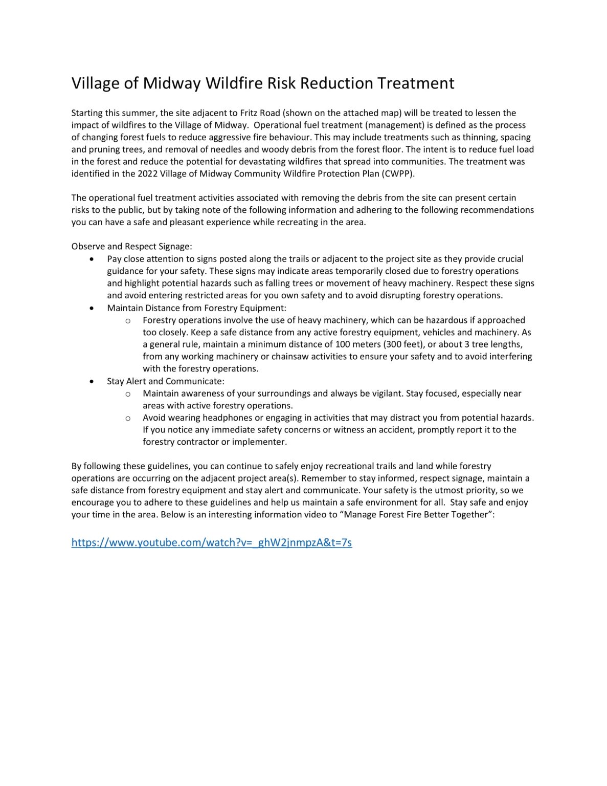 Village of Midway Wildfire Risk Reduction Treatment - The Village of Midway